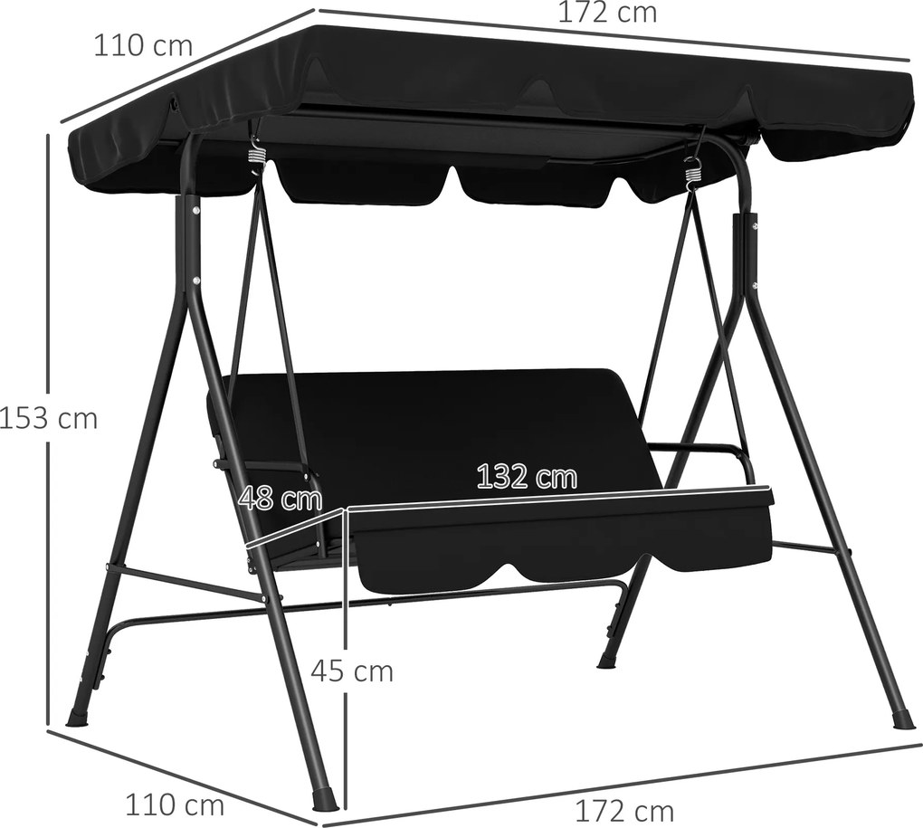 Outsunny Hollywood swing Třímístná zahradní houpačka s nastavitelnou střechou, robustní ocelová konstrukce, černá, 172 x 110 x 153 cm pro zahradu a t…