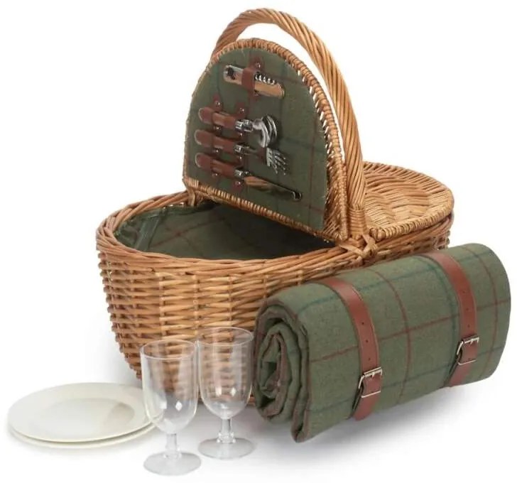 Willow Direct Britský piknikový koš OVAL GREEN TWEED proutěný pro 2 osoby
