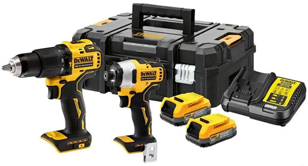 DeWALT - 18V AKU sada vrtacího šroubováku a rázového utahováku, 2x aku 1,7 Ah Powerstack, nabíječka DCK2062E2T