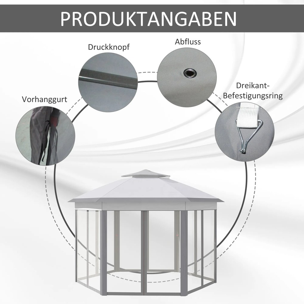 Outsunny skládací pavilon 4 x 4 m Šestiúhelníkový design Sítě proti hmyzu, voděodolná ventilační střecha pro grilovací párty Šedá+Bílá