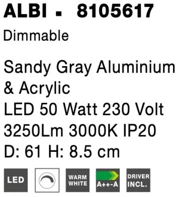 Stropní svítidlo LED se stmíváním Albi 61 světlá šedá
