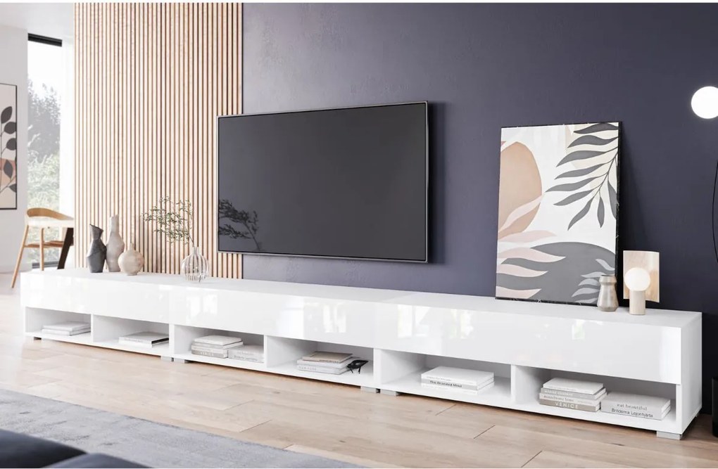 Široká TV skříňka 300 cm bílý lesk Lowboard A (LOWA30000 + LED)