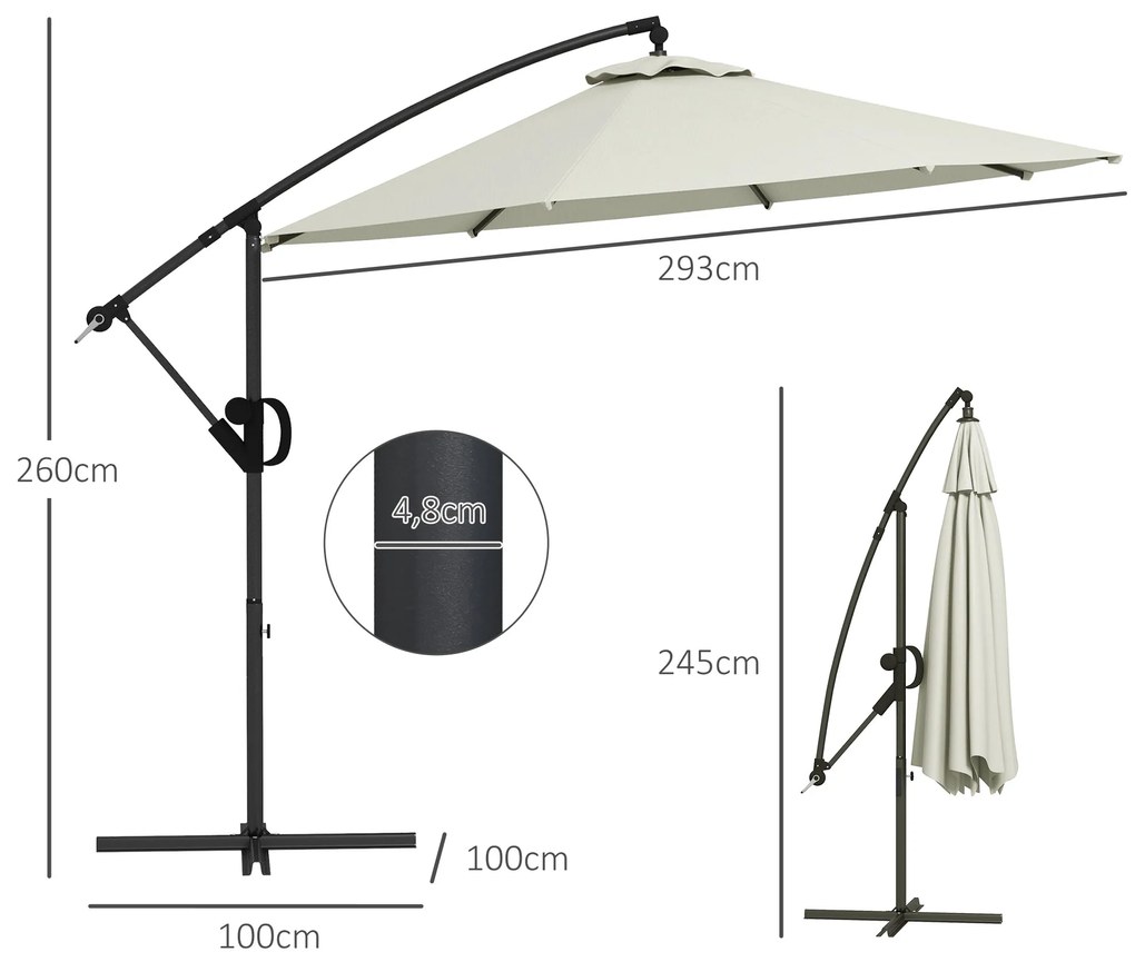 Konzolový slunečník Outsunny Ø293 x 260Hcm s kličkou a křížovým podstavcem, naklápěcí, odvětrávaný, 8 žeber, polyesterová krémová | Aosom.de