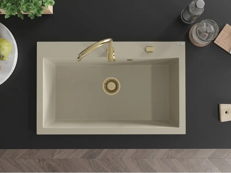Mexen Elix granitový dřez 1-komorový 800 x 500 mm, béžový, zlatý sifon - 6527801005-69-G