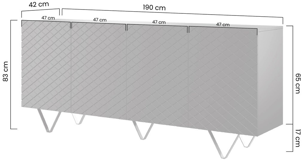 Komoda Scalia 190 cm - bílý mat / černé nožky