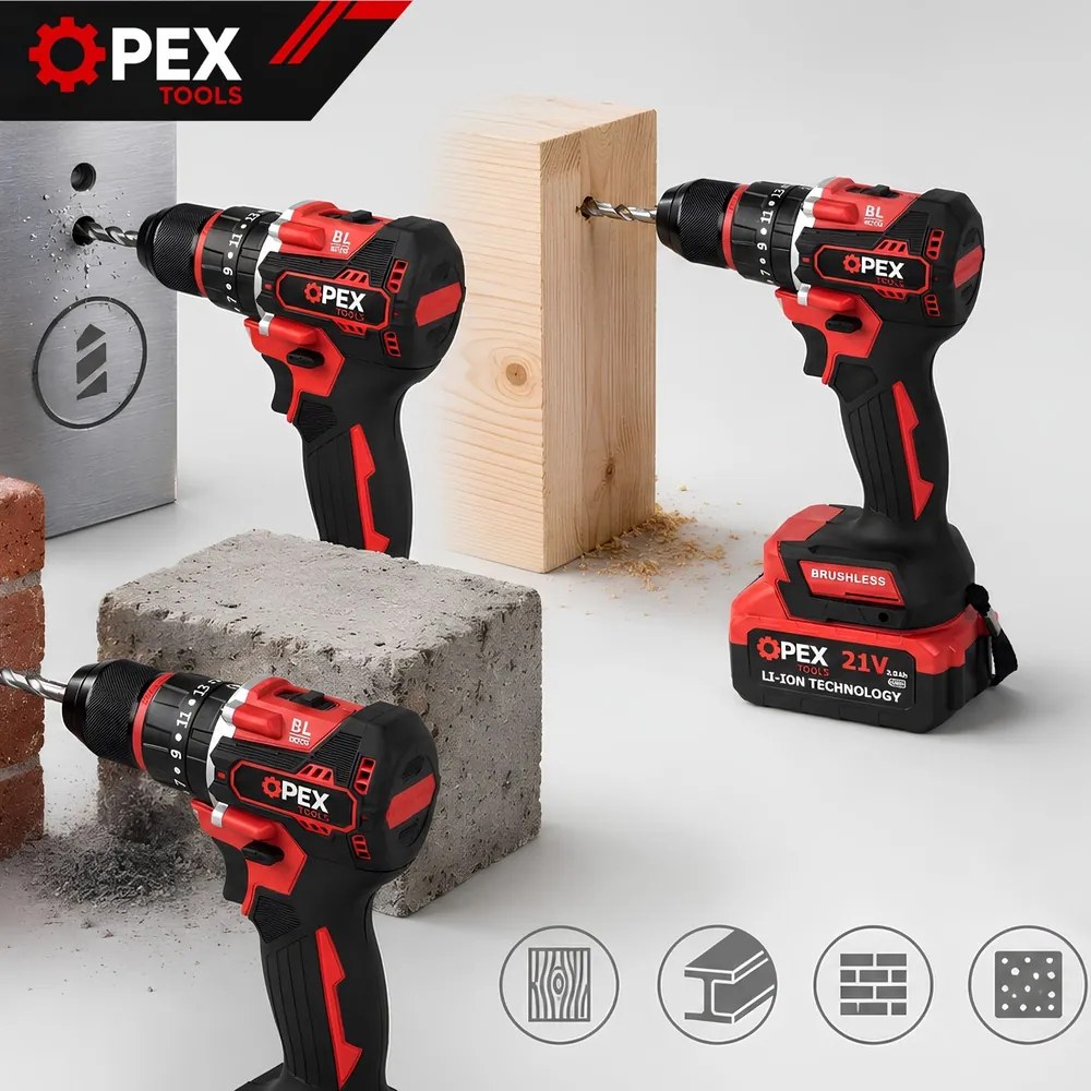 OPEX TOOLS Sada 2 v 1: vrták a šroubovák + akumulátový rázový klíč, 2x aku 21 v, 3 ah