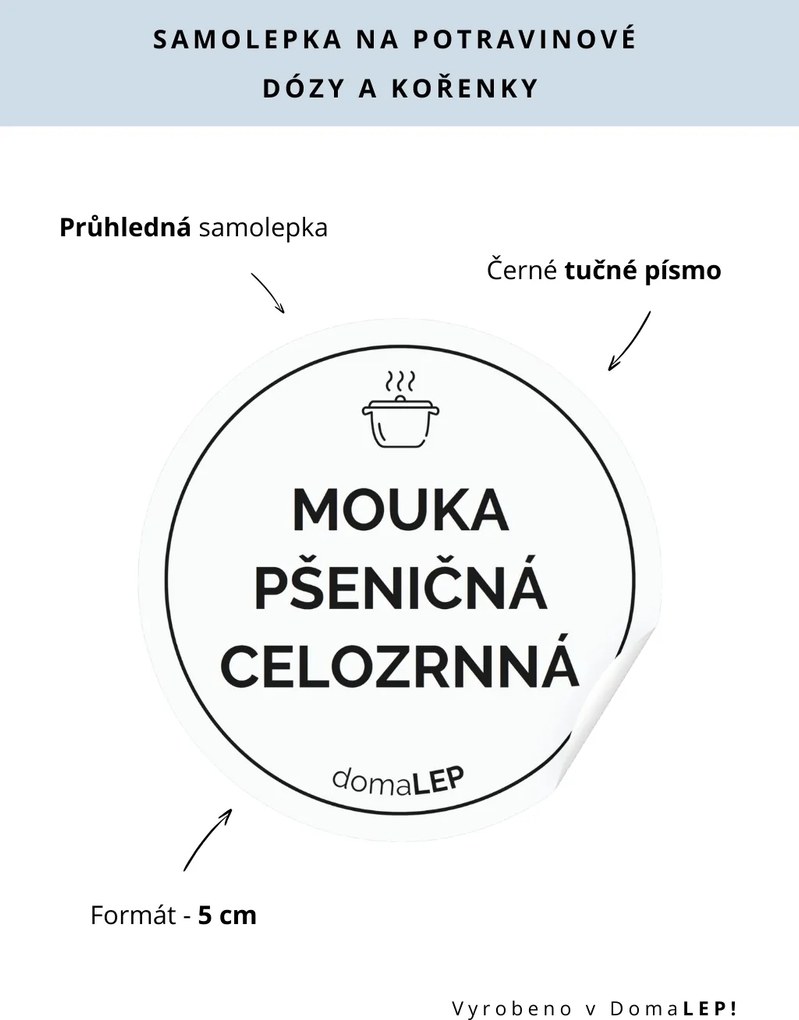 MOUKA PŠENIČNÁ CELOZRNNÁ - omyvatelná samolepka na dózu, výběr rozměrů Ø 5 cm / 5 x 5 cm / 6 x 8 cm | DomaLEP