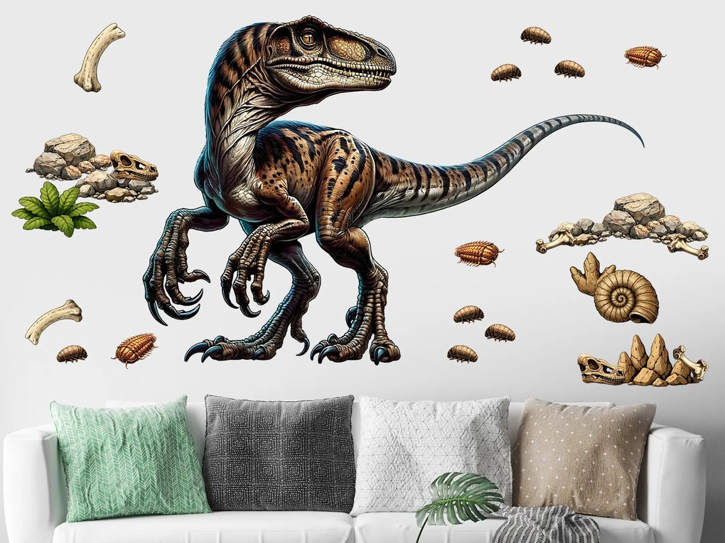 Velociraptor textilní přelepitelná samolepka na zeď arch 130 x 91 cm