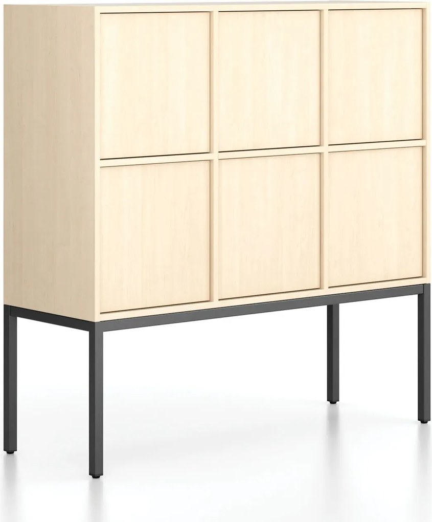 Kancelářská skříň FRAME, nízká, černá podnož, 6x dveře, 1299 x 450 x 1331 mm, PUSH-lock, bříza