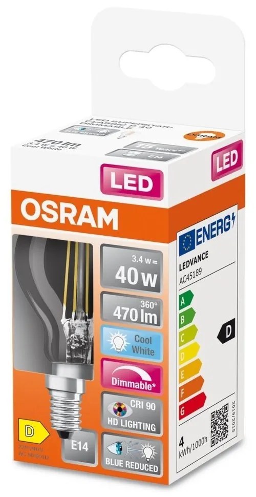 LED žárovka s redukcí modrého světla E14 3,4 W CLASSIC P, studená bílá