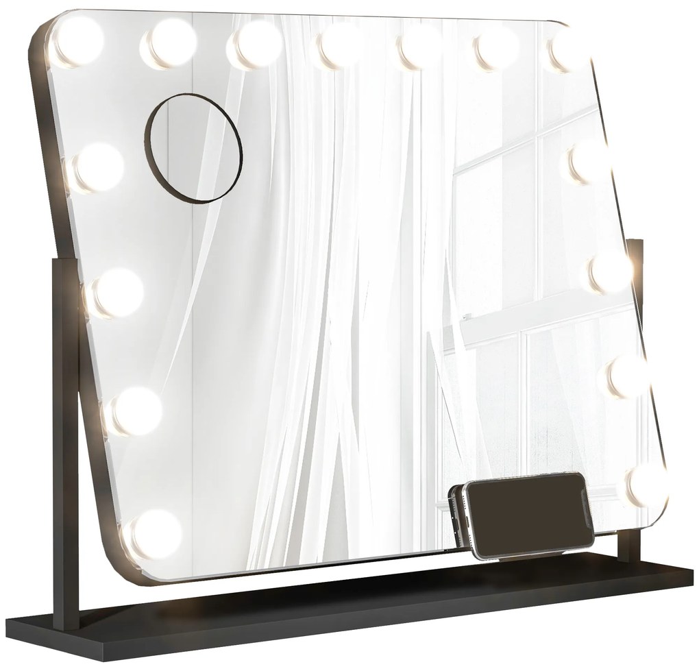 HOMCOM Hollywoodské zrcadlo s osvětlením 15 LED 62,5x49,5cm 3 režimy 10x zvětšení 360° otočné přenosné s držákem na mobilní telefon Černá | Aosom.de