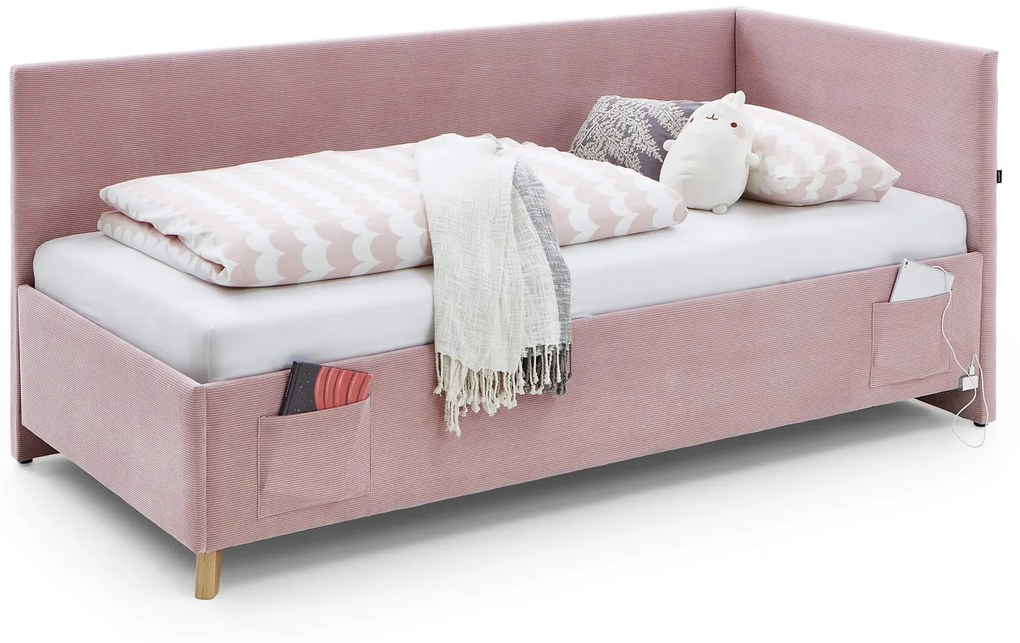 Dětská postel loop 120 x 200 cm s bočnicí a úložným prostorem růžová MUZZA