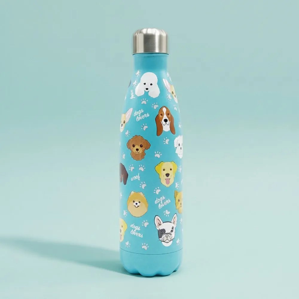 Nerezová termolahev Psi, 500 ml – tyrkysová, matný povrch, s motivem pejsků