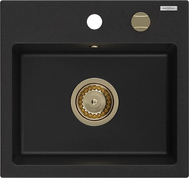 Mexen Milo, granitový dřez 435x410x171 mm, 1-komorový, černá se zlatým sifonem, 6505441000-77-G