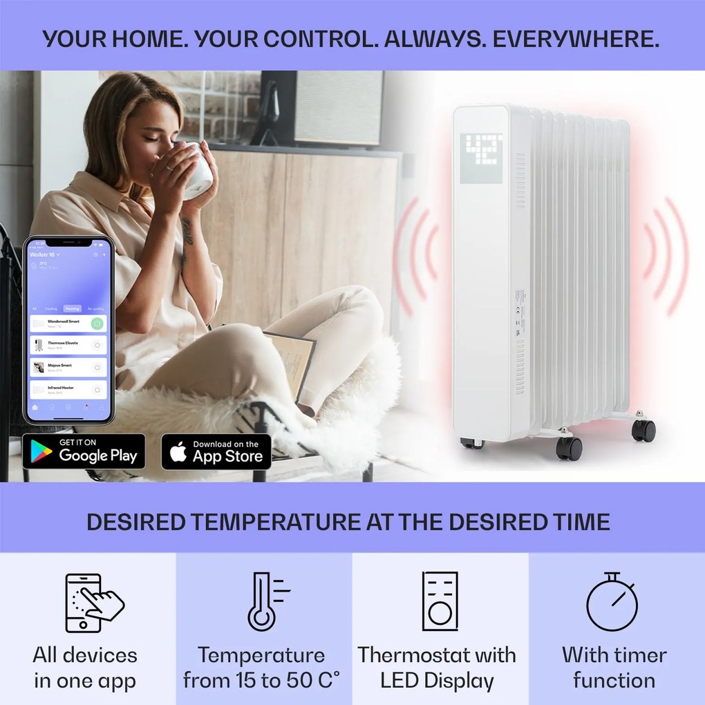 Klarstein Sanford Smart, olejový radiátor, 2500 W, časovač, LED dotykový panel, ovládání pomocí aplikace