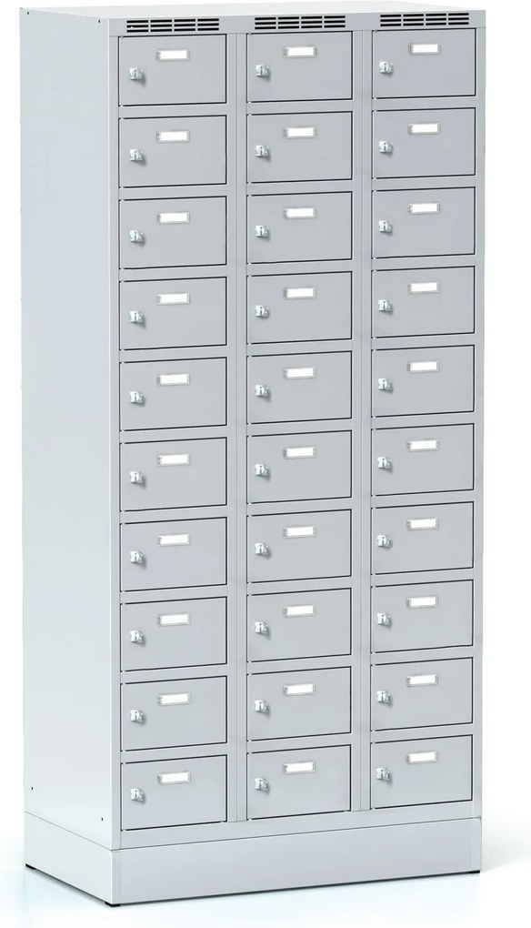 Šatní skříňka S6 s úložnými boxy na soklu, 30 boxů, 1920 x 900 x 500 mm, otočný zámek, šedé dveře