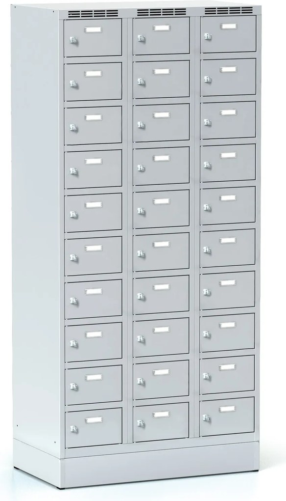 Šatní skříňka S6 s úložnými boxy na soklu, 30 boxů, 1920 x 900 x 500 mm, otočný zámek, šedé dveře