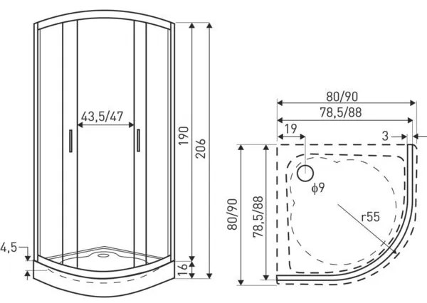 Novoterm Čtvrtkruhový sprchový kout NV-Madera 80x80 chrom/potisk + vanička