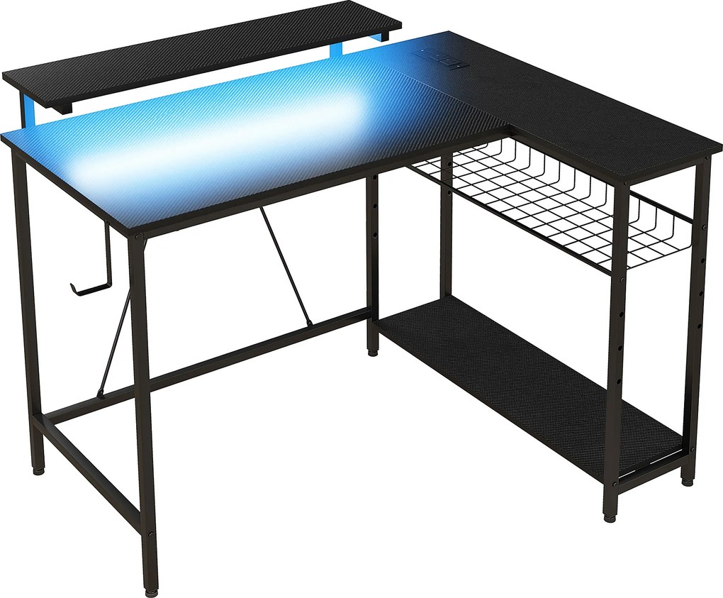HOMCOM Stůl ve tvaru L s LED diodami, zásuvkami, USB, oboustranný počítačový stůl s polici, 107 x 80 x 90 cm, černý [