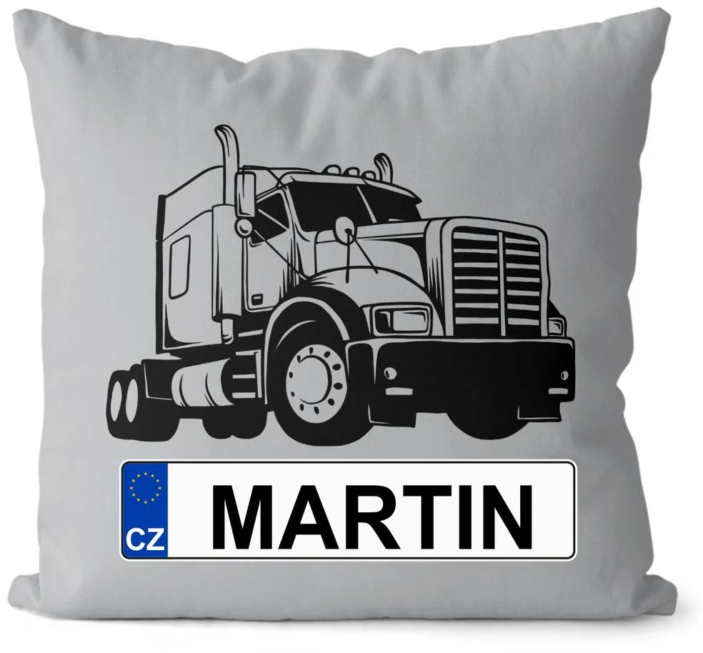 Polštář SPZ se jménem – černý kamion (Velikost: 55 x 55 cm, Jméno: Martin)