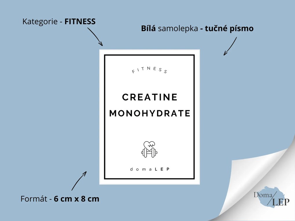 CREATINE MONOHYDRATE - Samolepka na dózu pro fitness doplňky - DomaLEP tvar: ČTVEREC, barva: BÍLÁ - ČERNÉ písmo, velikost: š. 5 cm x v. 5 cm - základní písmo