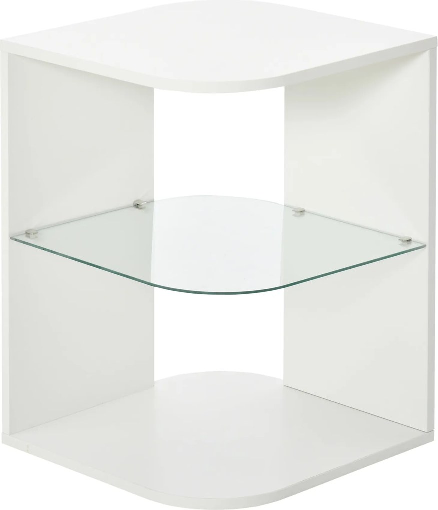 HOMCOM Moderní stolek do obývacího pokoje s 3 policemi a skleněnou deskou, 40x40x56 cm, bílý | Aosom