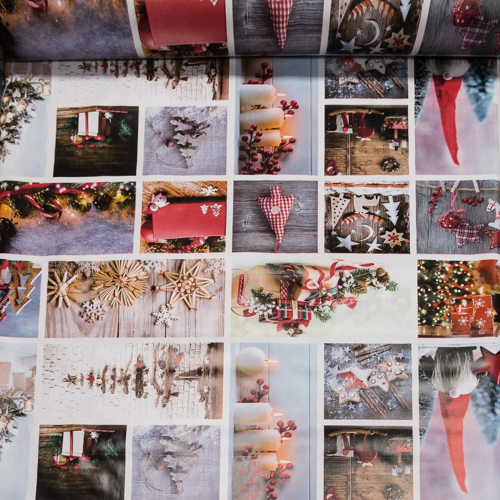 Sareha ubrus PVC s textilním podkladem vánoční 6150-00 vánoční koláž, červená, š.140cm (metráž), š.140cm (metráž)