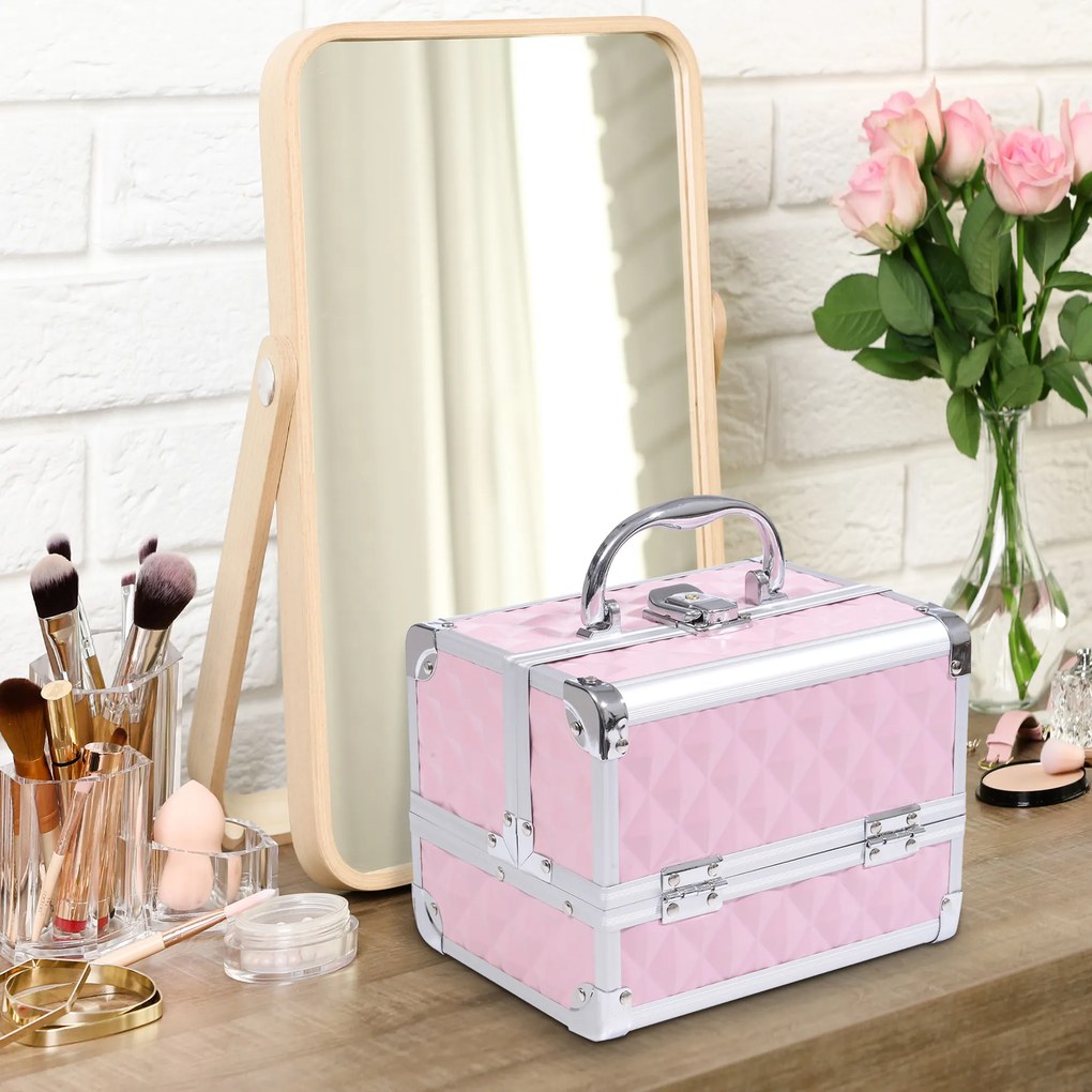 HOMCOM Profesionální Kosmetický Organizér na Make-up S Zrcadlem a Zámkem - Přenosná Taška na Make-up s Více Přihrádkami 20x15x15cm Hliníková