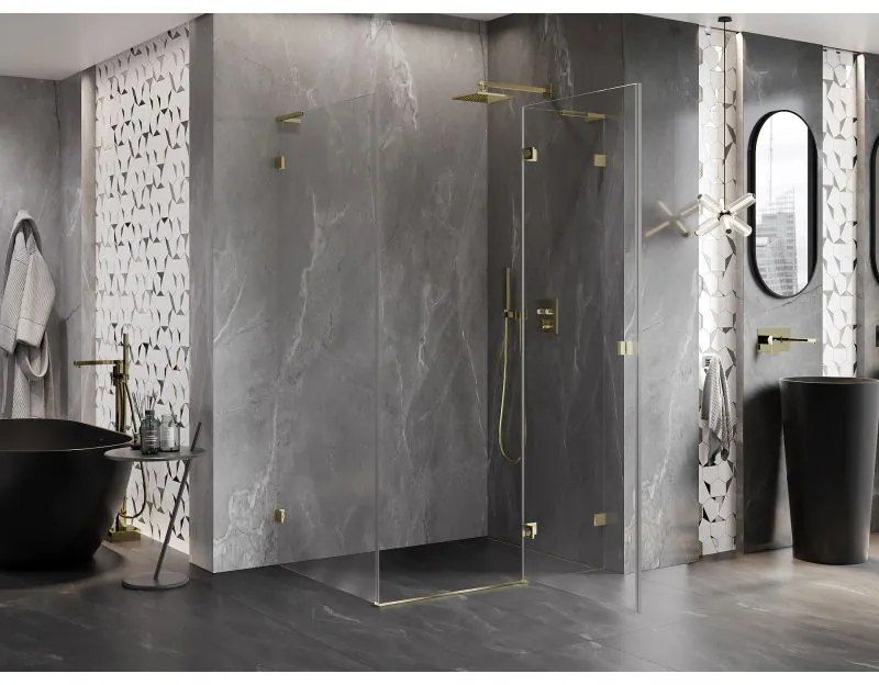 Mexen Lunar, L pravý výklopný sprchový kout 95 x 70 cm, 8mm čiré sklo, zlatý profil, 834L-095-070-50-00-P