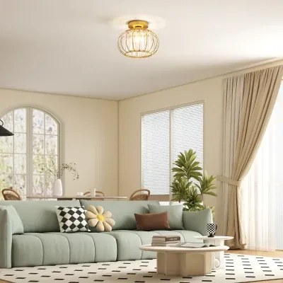 HOMCOM LED stropní lampa Moderní a minimalistická v designu ptačí klece s 18 krystaly, z kovu zlatá, Ø27x19 cm