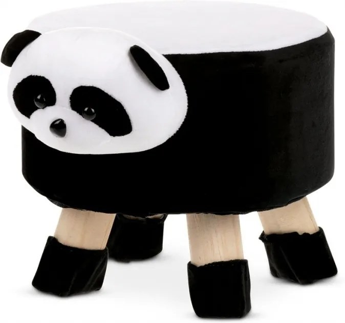 Taburet - panda, kombinace černé a bílé látky mikroplyš, masivní nohy z kaučukovníku v přírodním odstínu
