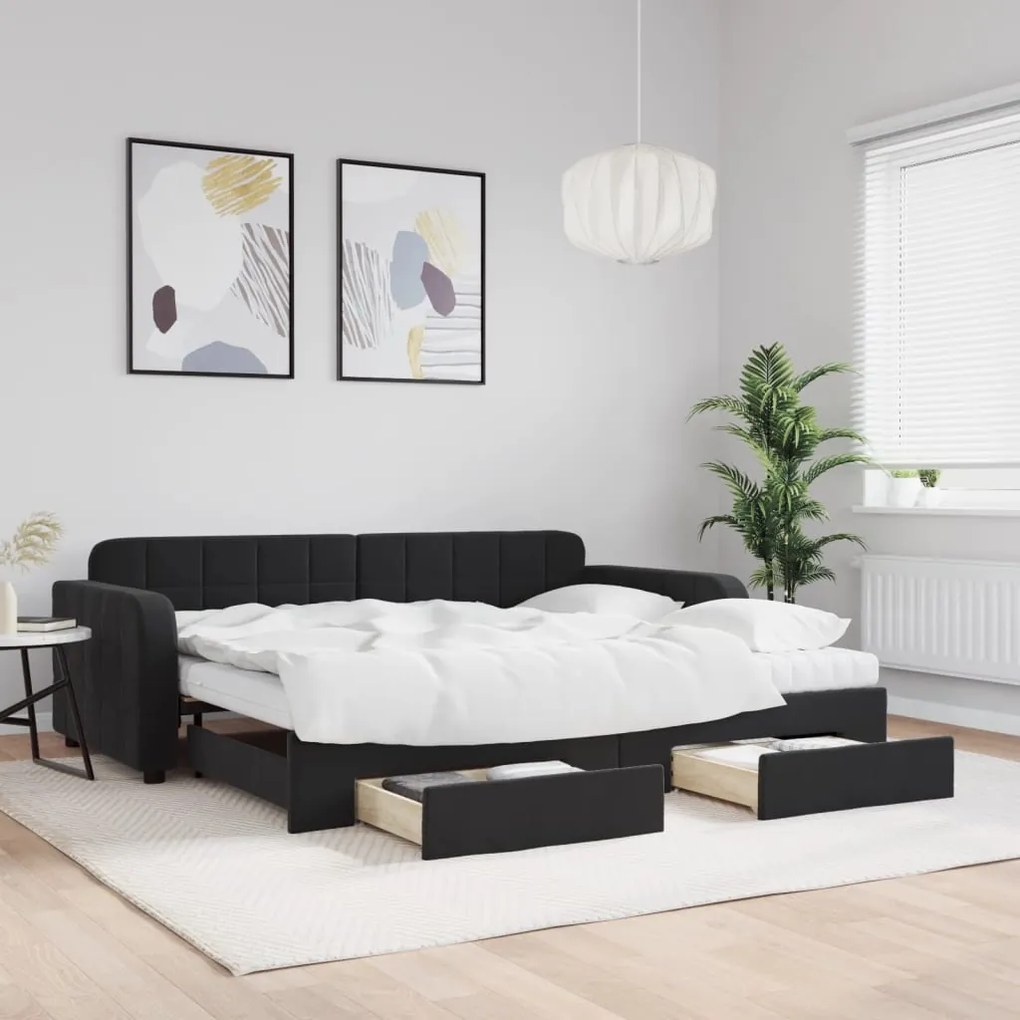 Válenda s přistýlkou a zásuvkami černá 90 x 200 cm samet 3197005