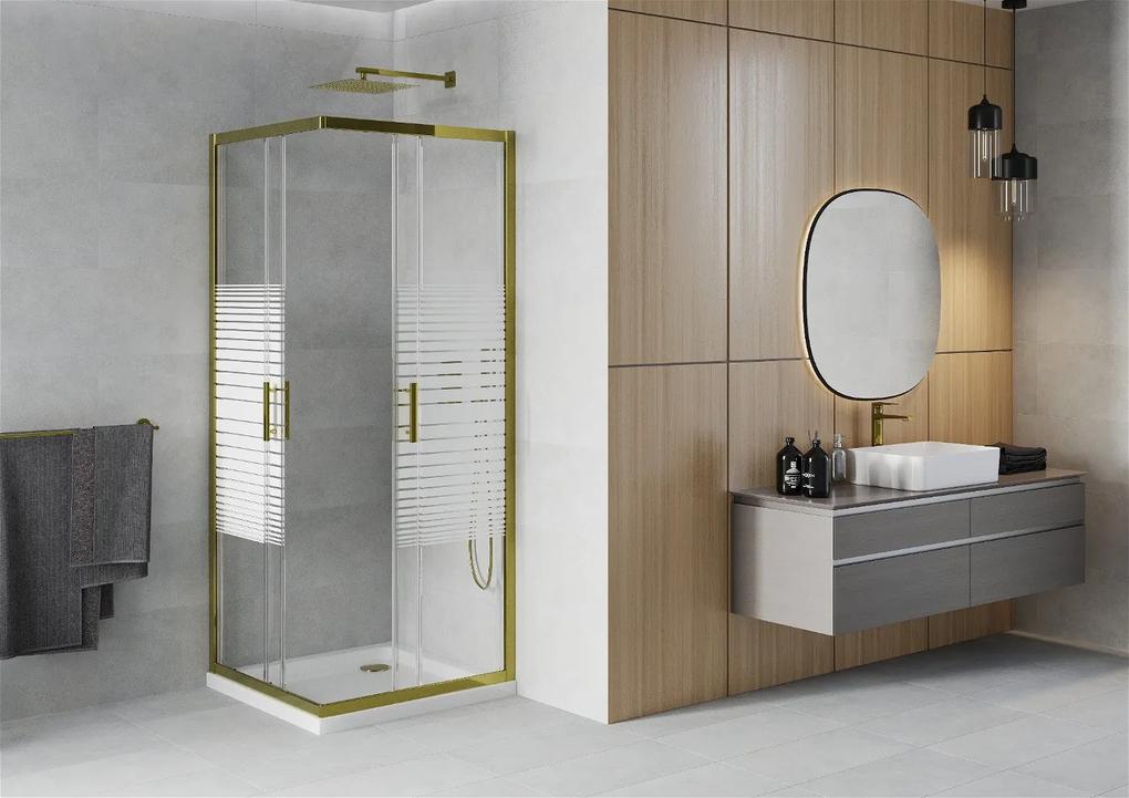 Mexen Rio, čtvercový sprchový kout s posuvnými dveřmi 70 (dveře) x 70 (dveře) x 190 cm, 5mm čiré sklo s pásky, zlatý profil + bílá sprchová vanička SLIM, 860-070-070-50-20-4010G