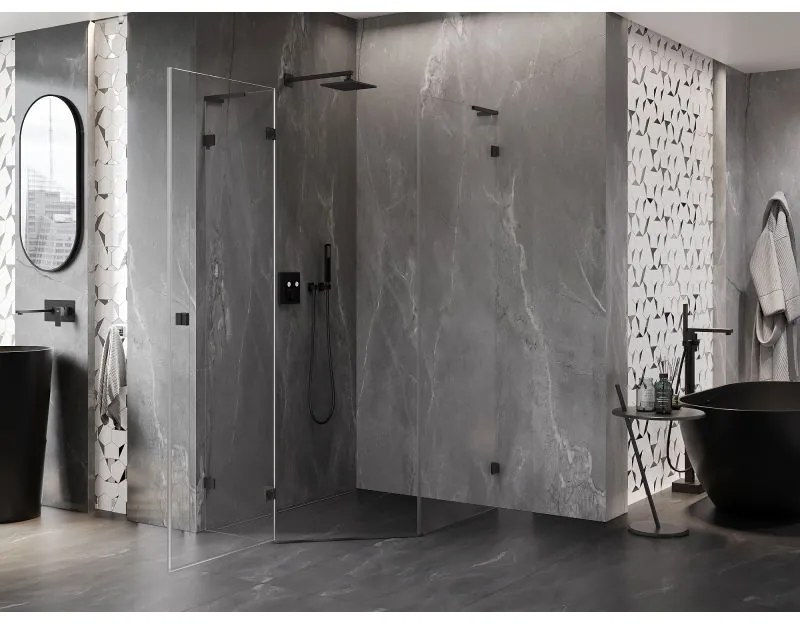 Mexen Lunar, L pětiúhelníkový sprchový kout naklápěcí doleva 80 x 100 cm, 8mm čiré sklo, černý profil, 831L-080L-100P-70-00-L