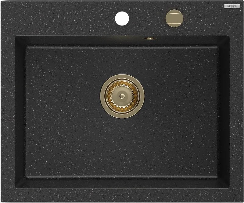 Mexen Elix, 1-komorový granitový dřez 600 x 500 mm, černá/stříbrná metalíza, zlatý sifon - 6525601005-73-G