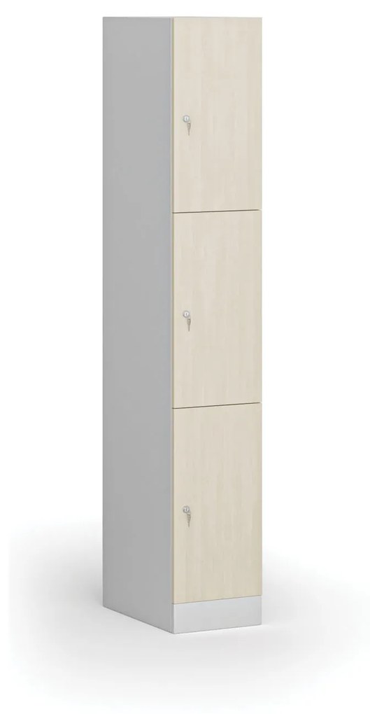 Šatní skříňka s úložnými boxy, 3 boxy, 1850 x 300 x 500 mm, cylindrický zámek, laminované dveře, bříza