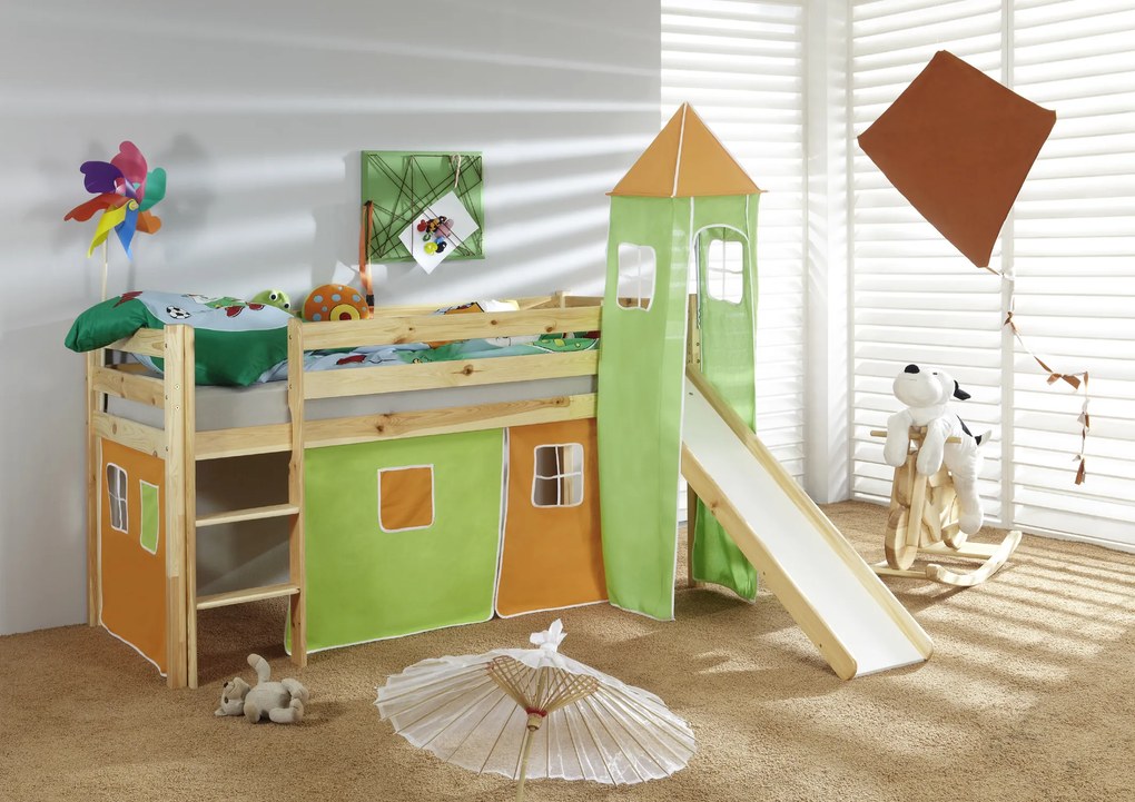 Svět pokojů Dětská vyvýšená postel se skluzavkou zeleno oranžová - přírodní