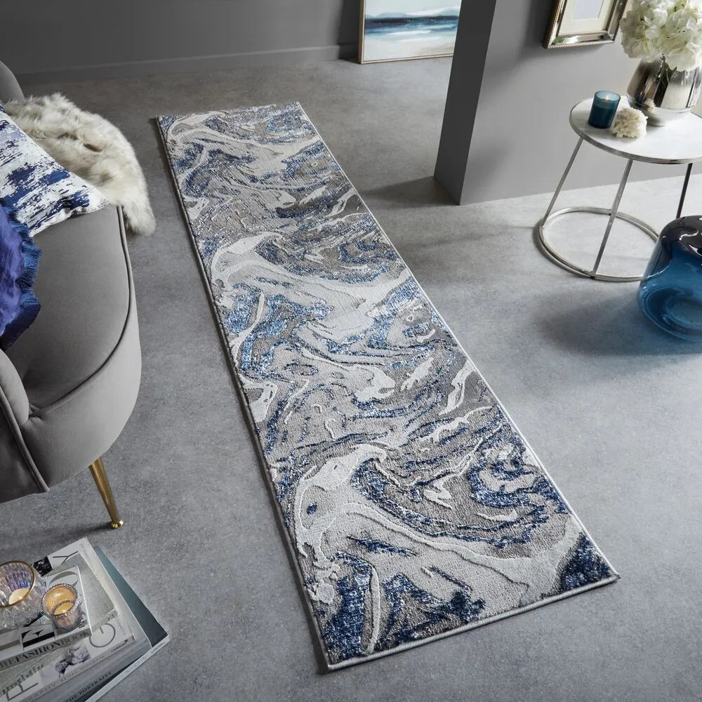 Flair Rugs, Běhoun Eris Marbled Navy, 80x300, modrá, chodba / předsíň