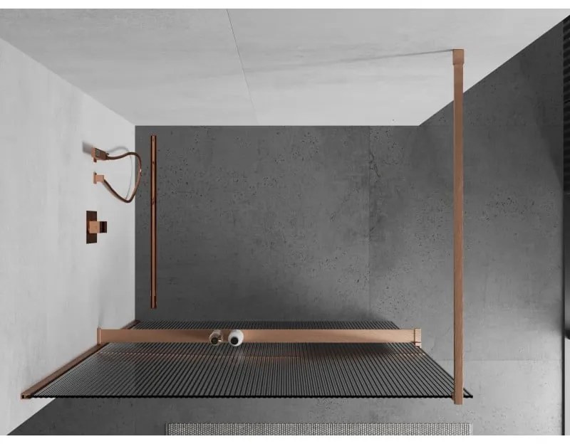 Mexen Kioto+, sprchová zástěna Walk-In s poličkou a věšákem 100 x 200 cm, 8mm sklo s žebrovým vzorem, měděný matný profil, 800-100-121-65-09