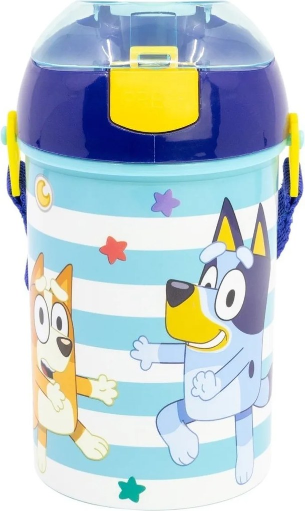 Plastová láhev na pití s brčkem, víčkem a popruhem Bluey - BPA Free - 450 ml