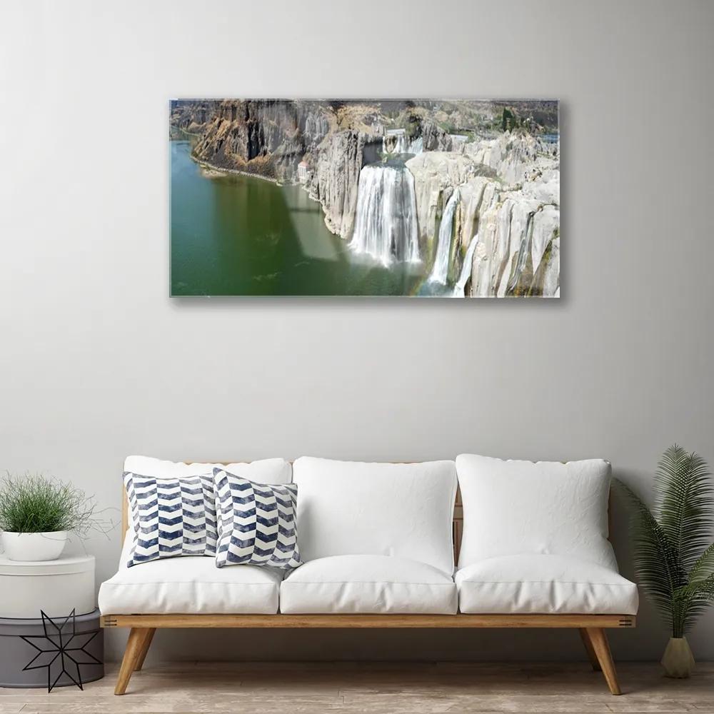 Obraz na skle Vodopád Jezero Krajina 140x70 cm