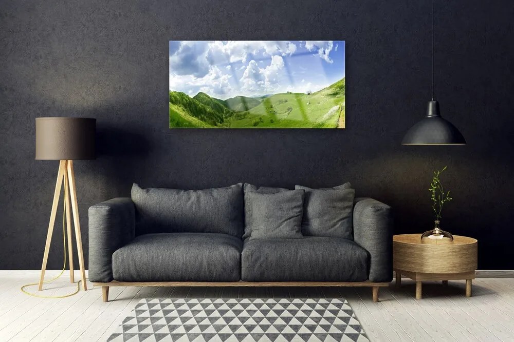 Obraz na skle Hora Louka Příroda 125x50 cm