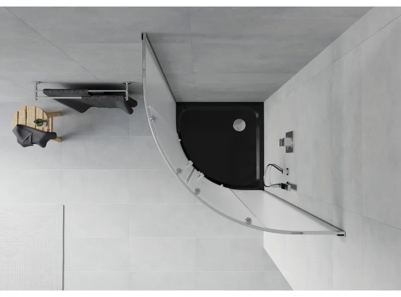 Mexen Rio půlkruhový sprchový kout 90 x 90 cm, Vzor jinovatky, Chromovaná + sprchová vanička Flat, Černá - 863-090-090-01-30-417