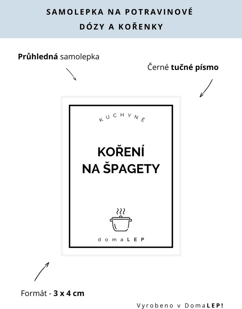 Samolepka na kořenky KOŘENÍ NA ŠPAGETY průhledná 3 × 4 cm tučné písmo