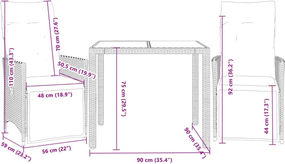 3dílný bistro set s poduškami černý polyratan 3276863