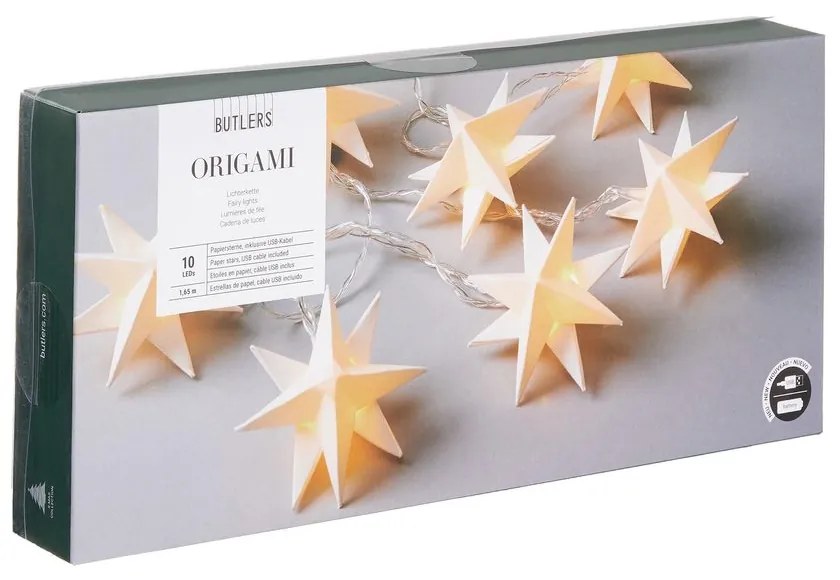 Butlers ORIGAMI Světelný řetěz hvězdy s USB 10 světel - bílá