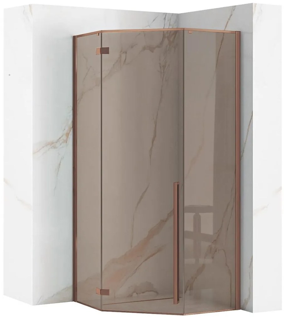 Rea Diamond, pětiúhelníkový sprchový kout 90 x 90 cm + bílá sprchová vanička Diamond, 6mm šedé sklo, měděná matná, KPL-K6966