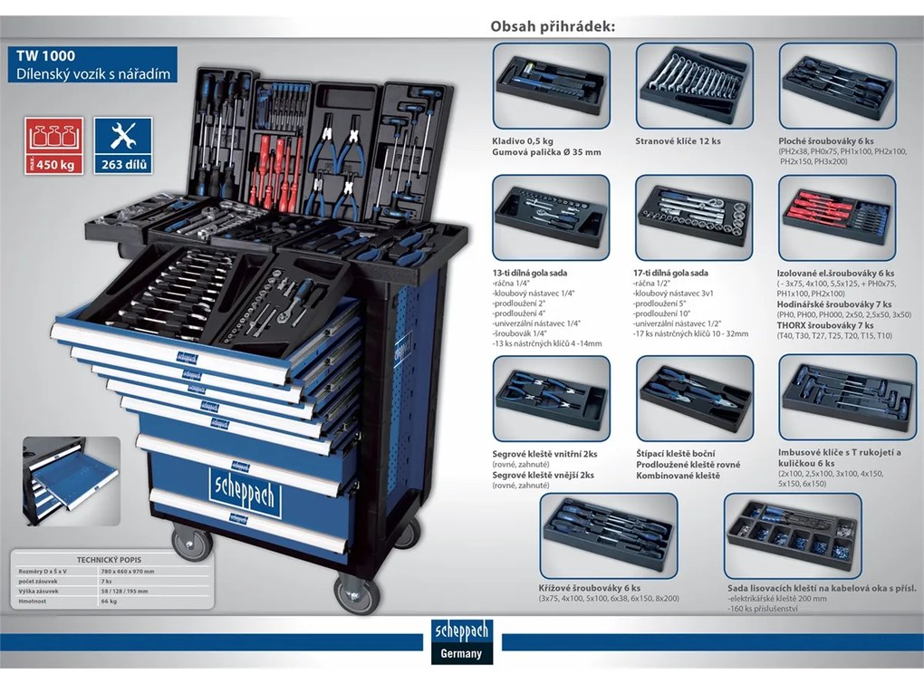 Dílenský vozík s nářadím TW1000, 7 zásuvek, 263 dílů