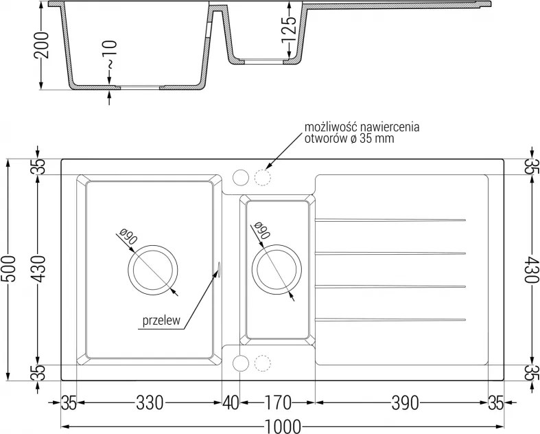 Mexen Andres, granitový dřez 1000x500x200 mm, 1,5-komorový, černá-stříbrná metalíza se zlatým sifonem, 6515101510-73-G
