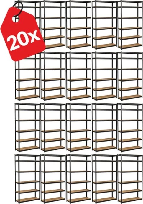 Akce 20x Regál 220x100x50 cm lakovaný 6-policový, nosnost 1050 kg - černý